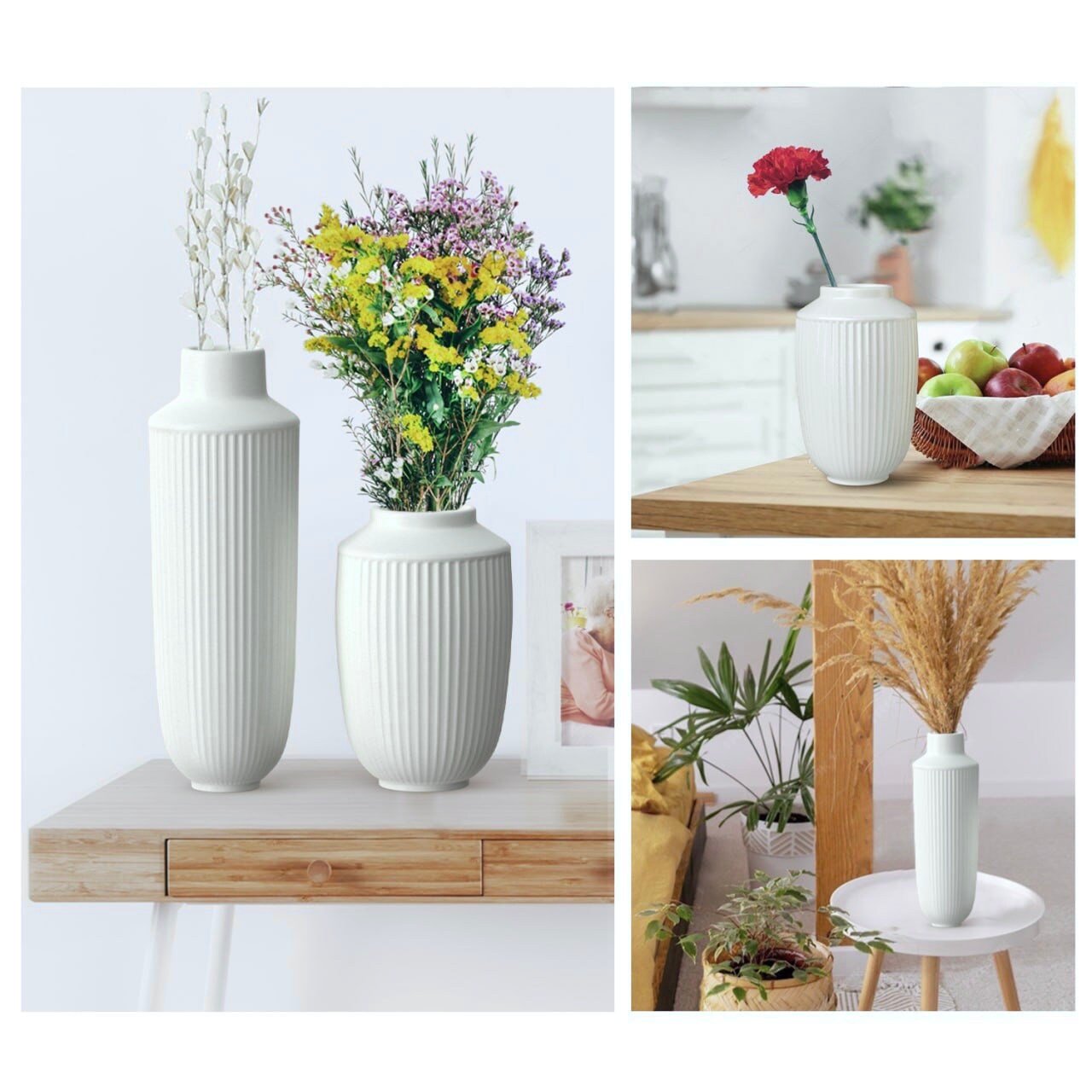 White Ceramic Flower Vase Set of 2 – Modern Boho Home Decor, Tabletop ...