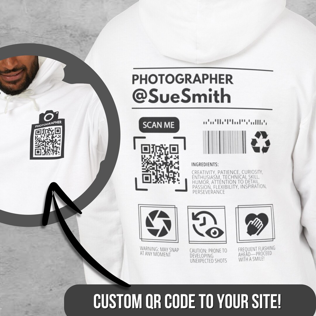 Custom Photographer Hoodie, QR Code, Personalized Name, US Cotton - Etsy