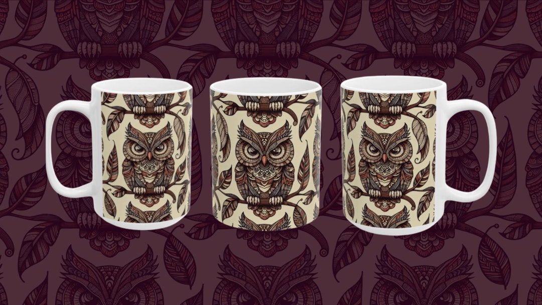 Ceramic Owl Mug - Intricate Earth-tone Owl Design Artistic Owl Pattern ...