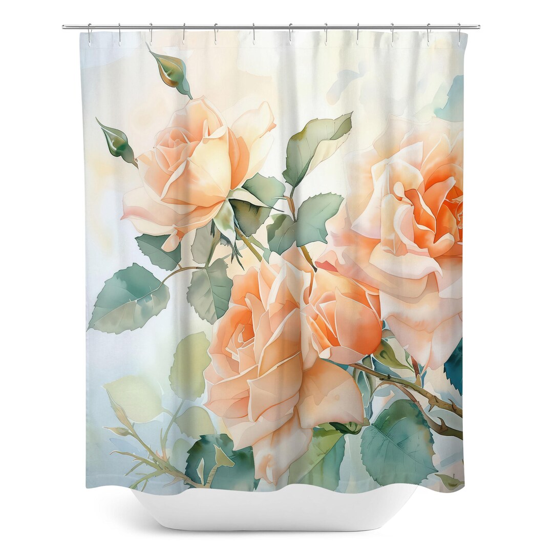 Peach Roses Watercolor Art Shower Curtain, Romantic Bathroom Decor ...