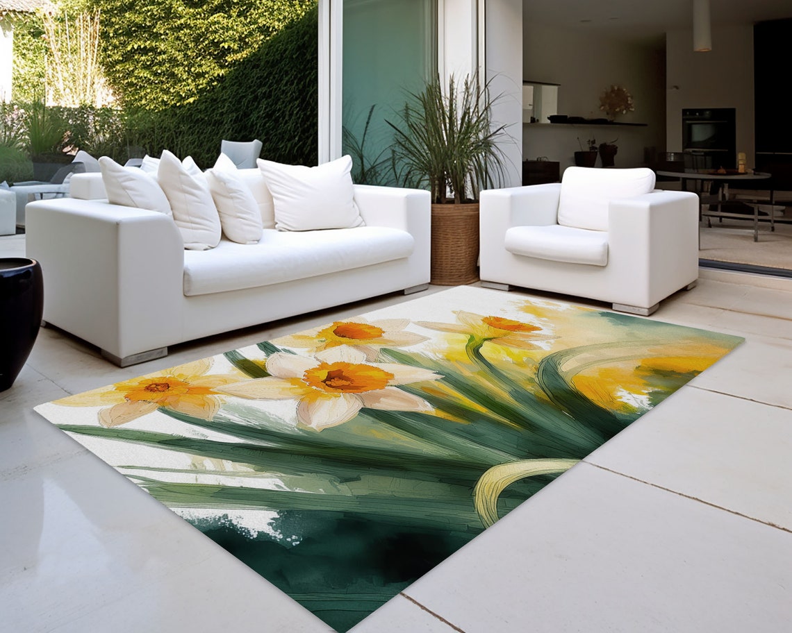 Area Rug With Daffodil Watercolor Art: Modern Floral Indoor-outdoor ...
