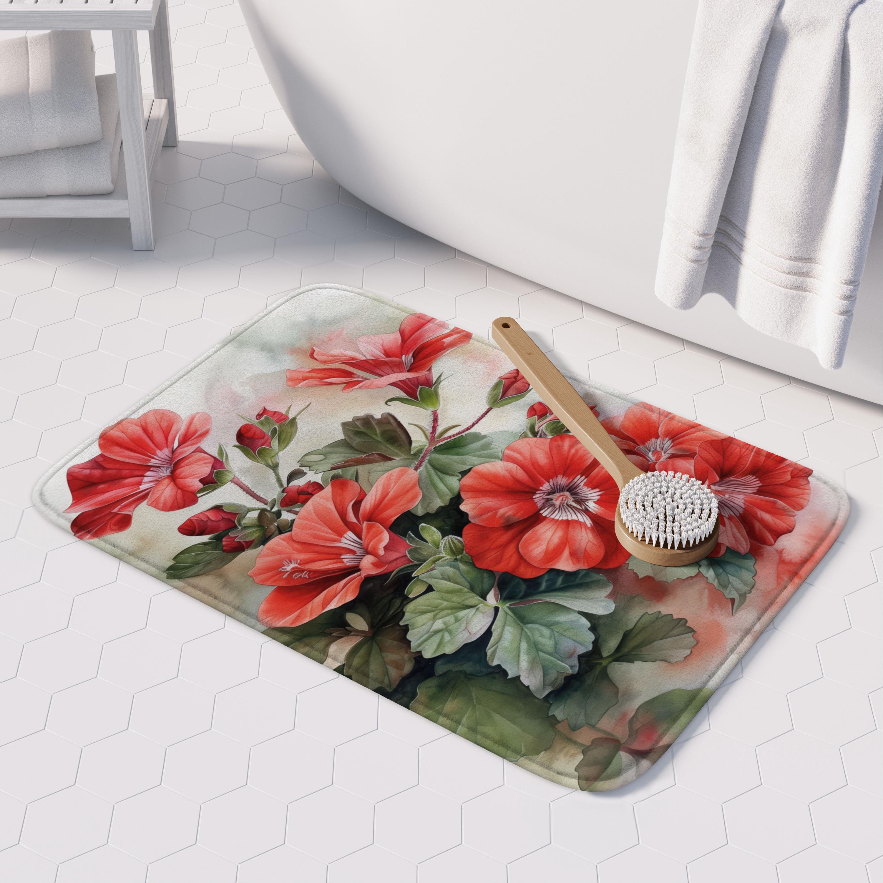 Bath Mat With Geraniums Watercolor Art: Floral Microfiber Memory Foam ...