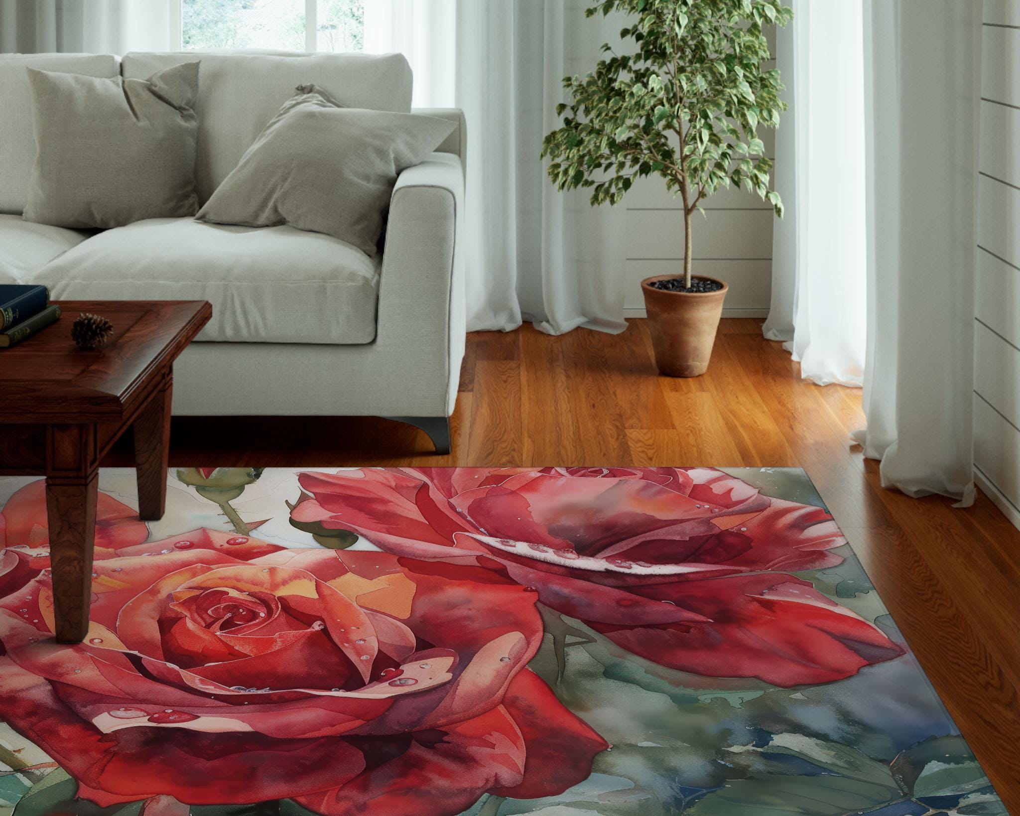 Area Rug With Red Roses Watercolor Art: Modern Floral Indoor-outdoor ...