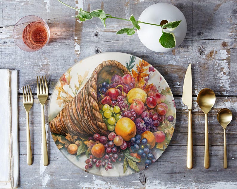 Plate With Cornucopia Watercolor Art, Unbreakable Indoor/outdoor ...