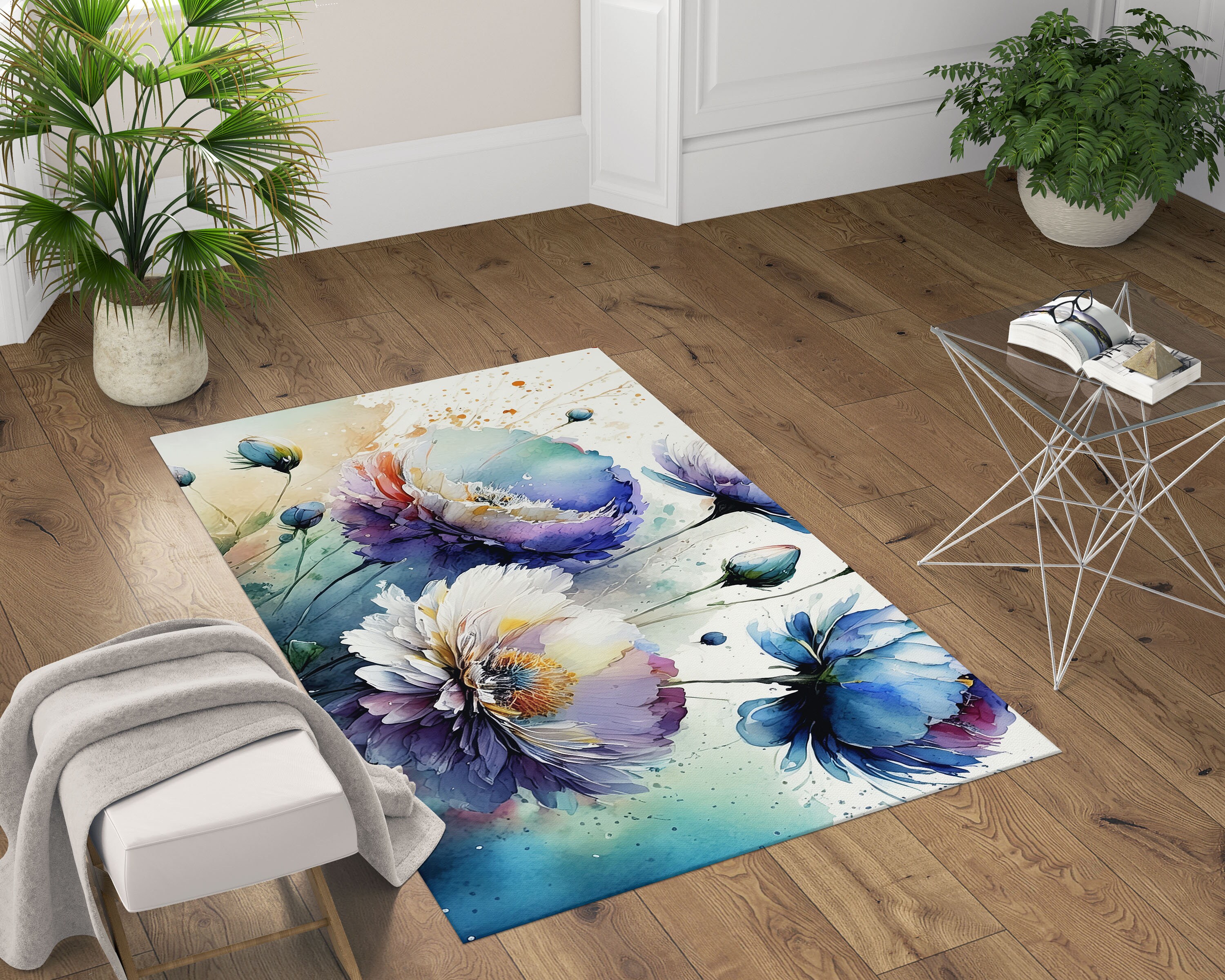 Area Rug With Blue and Purple Flower Watercolor Art, Five Sizes 2x3 to ...