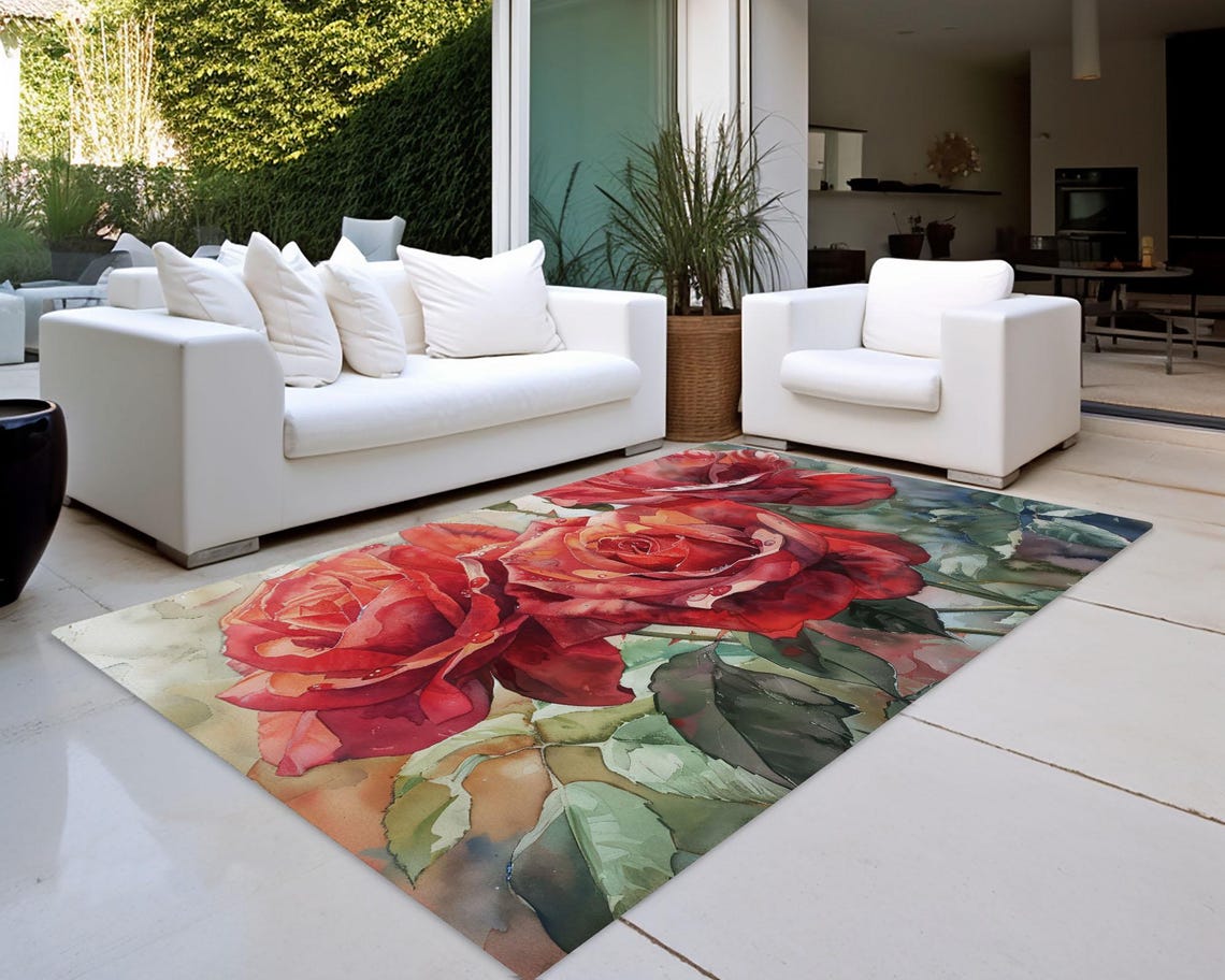 Area Rug With Red Roses Watercolor Art: Modern Floral Indoor-outdoor ...
