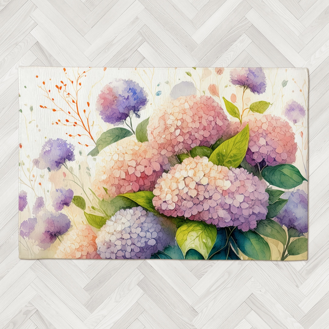 Area Rug With Hydrangea Watercolor Art, Four Sizes 2x3 to 5x7, Floral ...