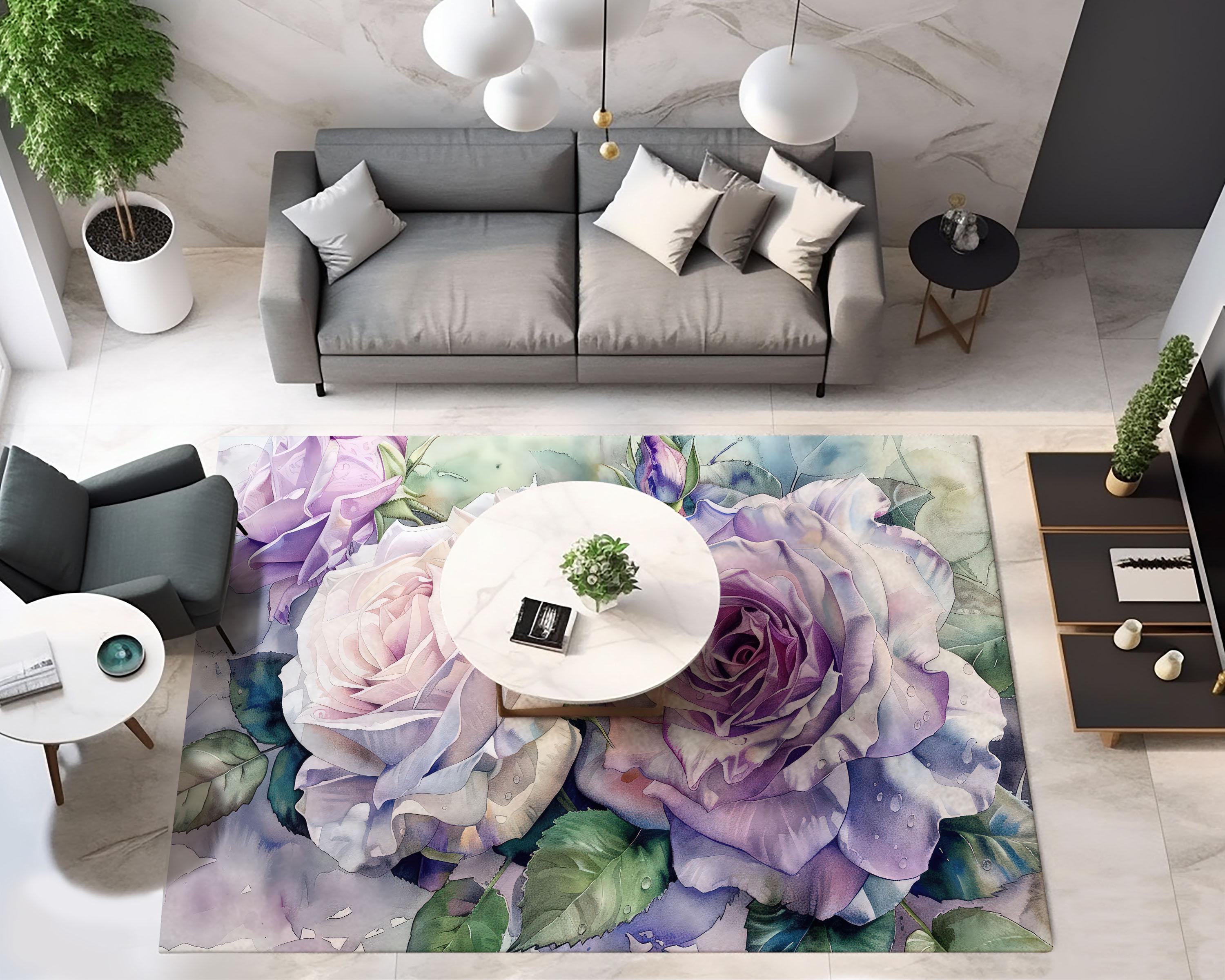 Area Rug With English Roses Watercolor Art: Modern Floral Indoor ...