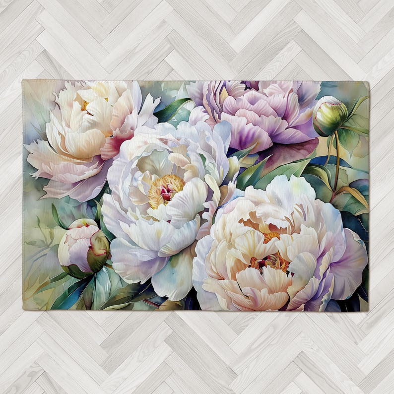 Area Rug With Peonies Watercolor Art, Four Sizes 2x3 to 5x7, Floral ...
