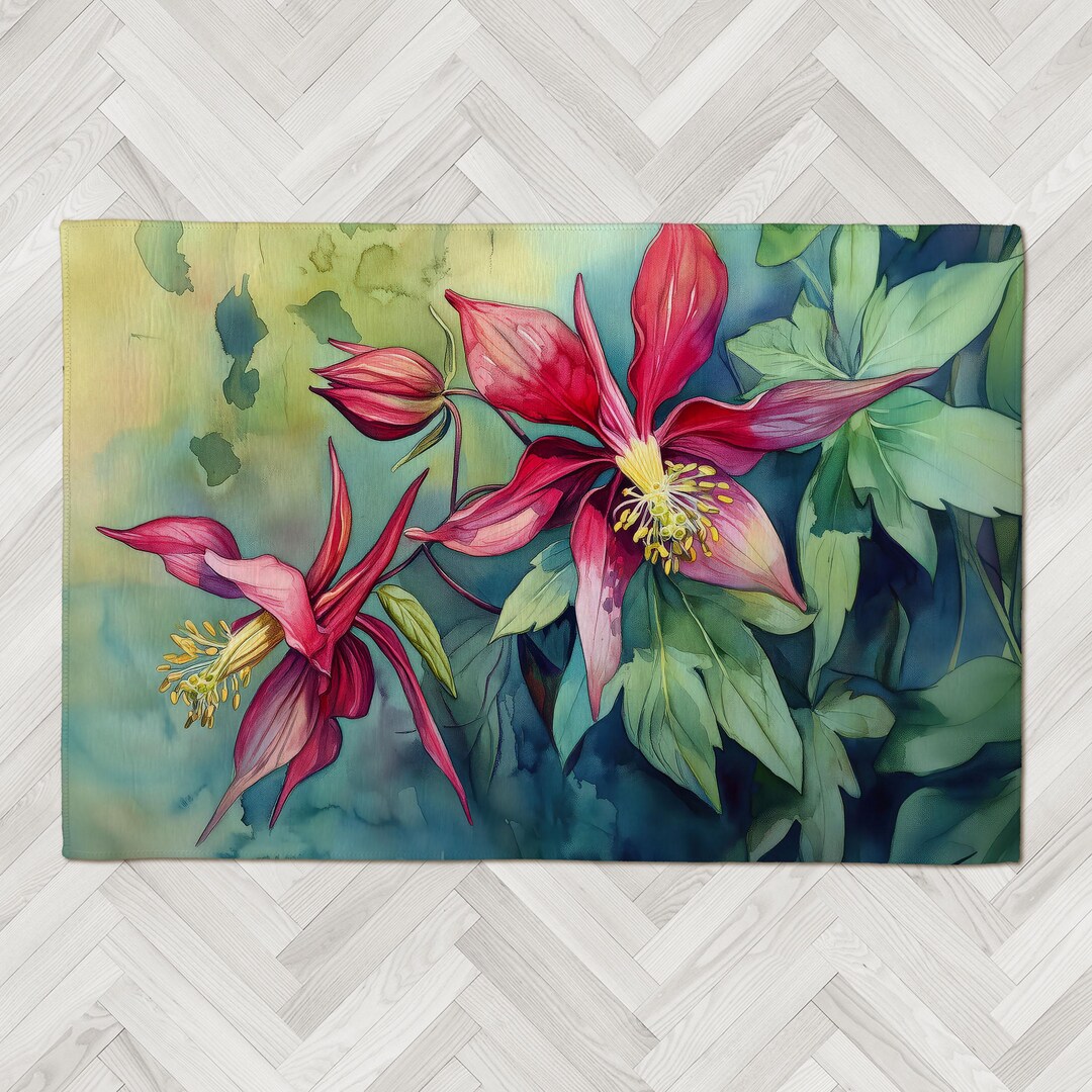 Area Rug With Columbine Watercolor Art, Four Sizes 2x3 to 5x7, Floral ...