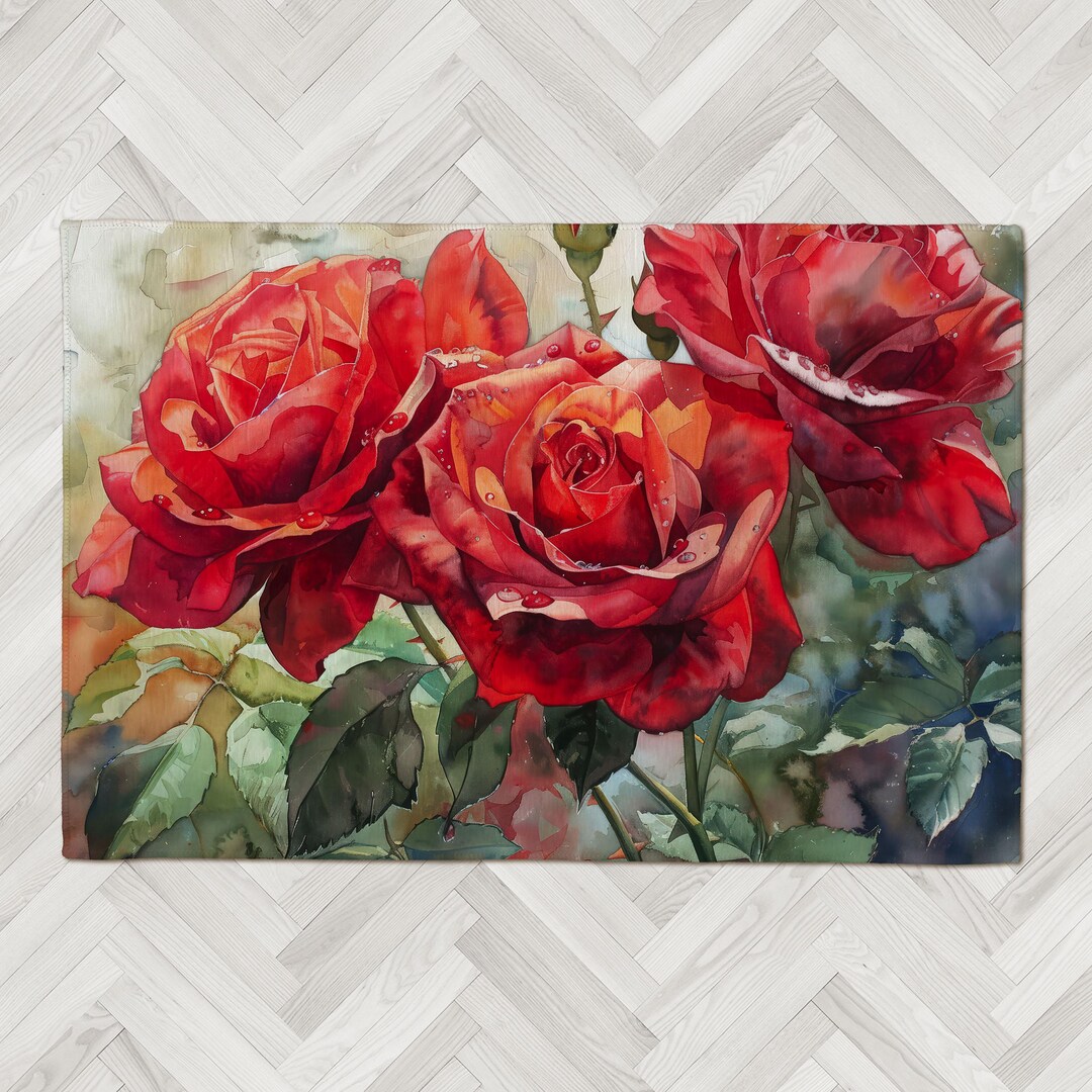 Area Rug With Red Roses Watercolor Art: Modern Floral Indoor-outdoor ...