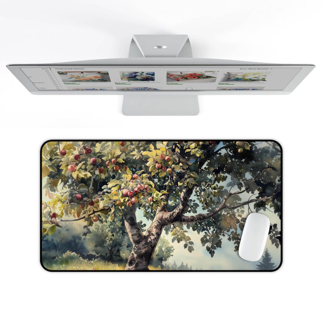 Apple Tree Desk Mat With Floral Watercolor Art, Anti-slip Backing ...