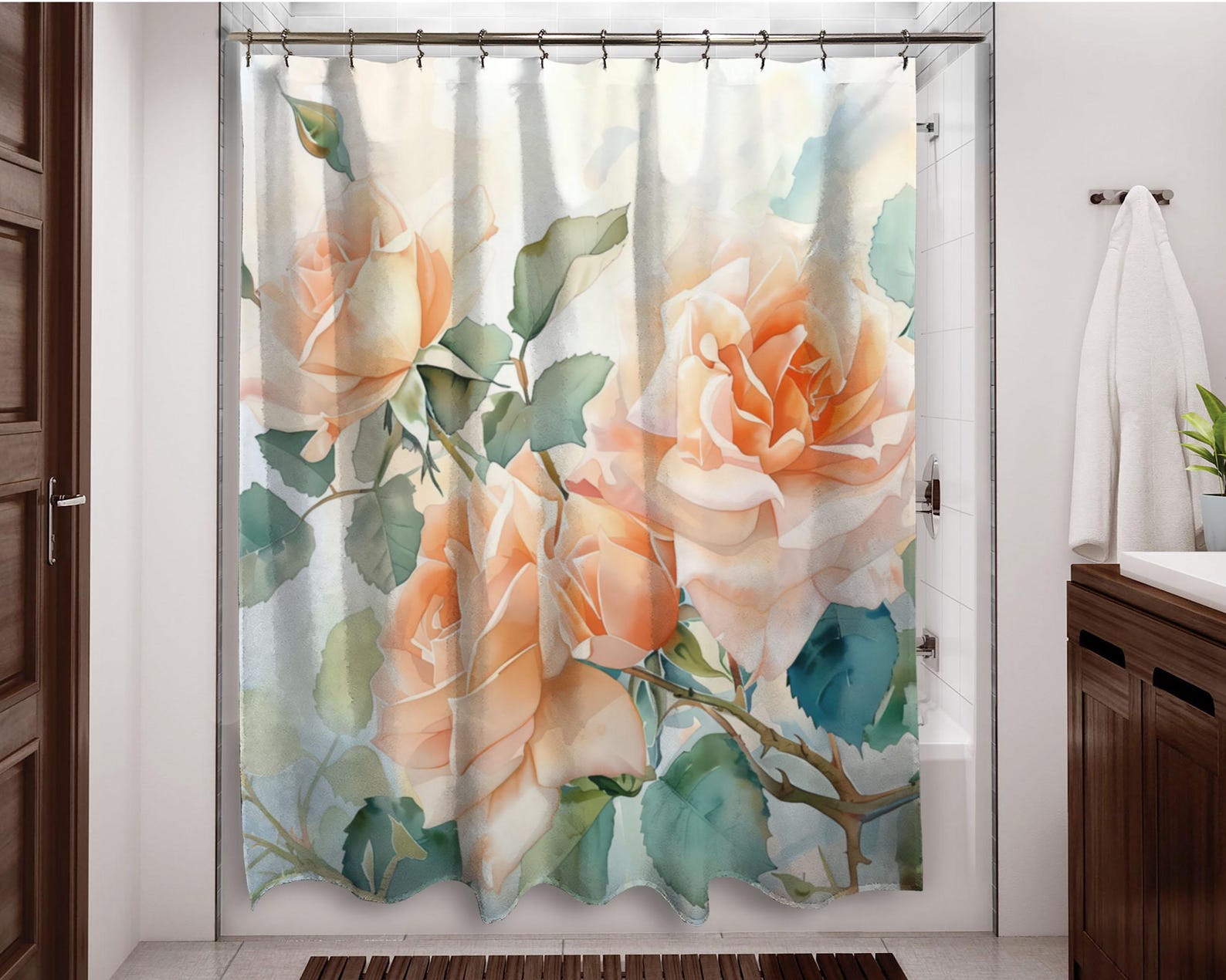 Peach Roses Watercolor Art Shower Curtain, Romantic Bathroom Decor ...