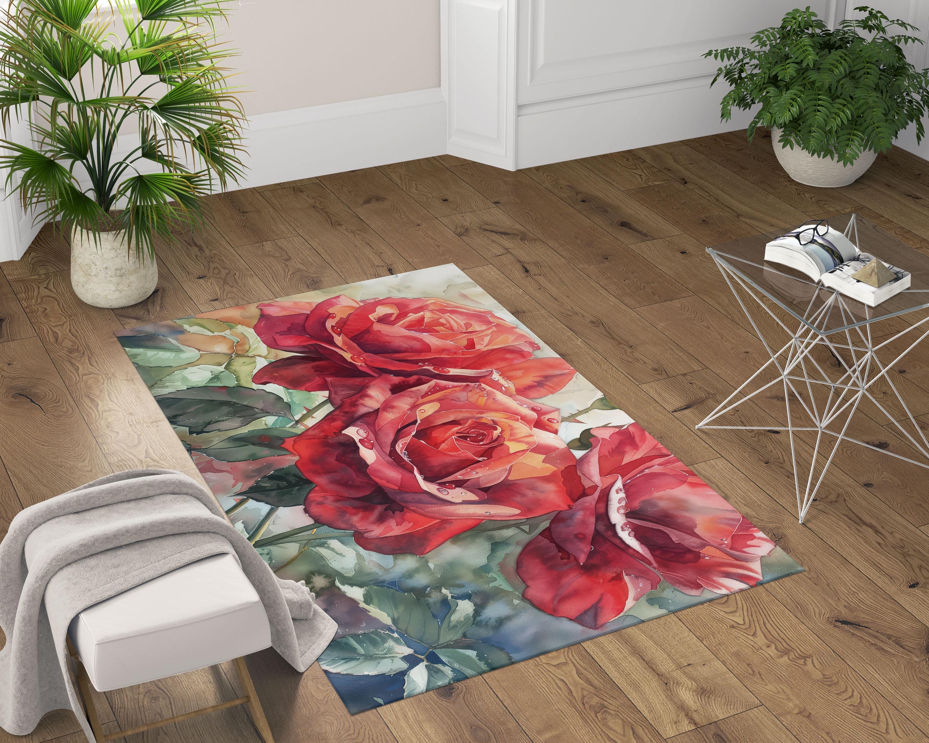 Area Rug With Red Roses Watercolor Art: Modern Floral Indoor-outdoor ...