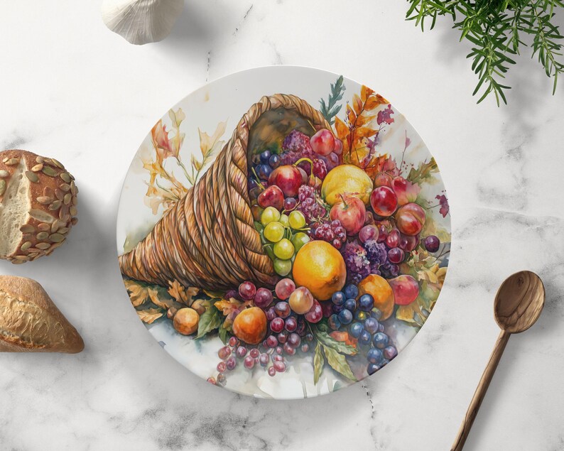 Plate With Cornucopia Watercolor Art, Unbreakable Indoor/outdoor ...