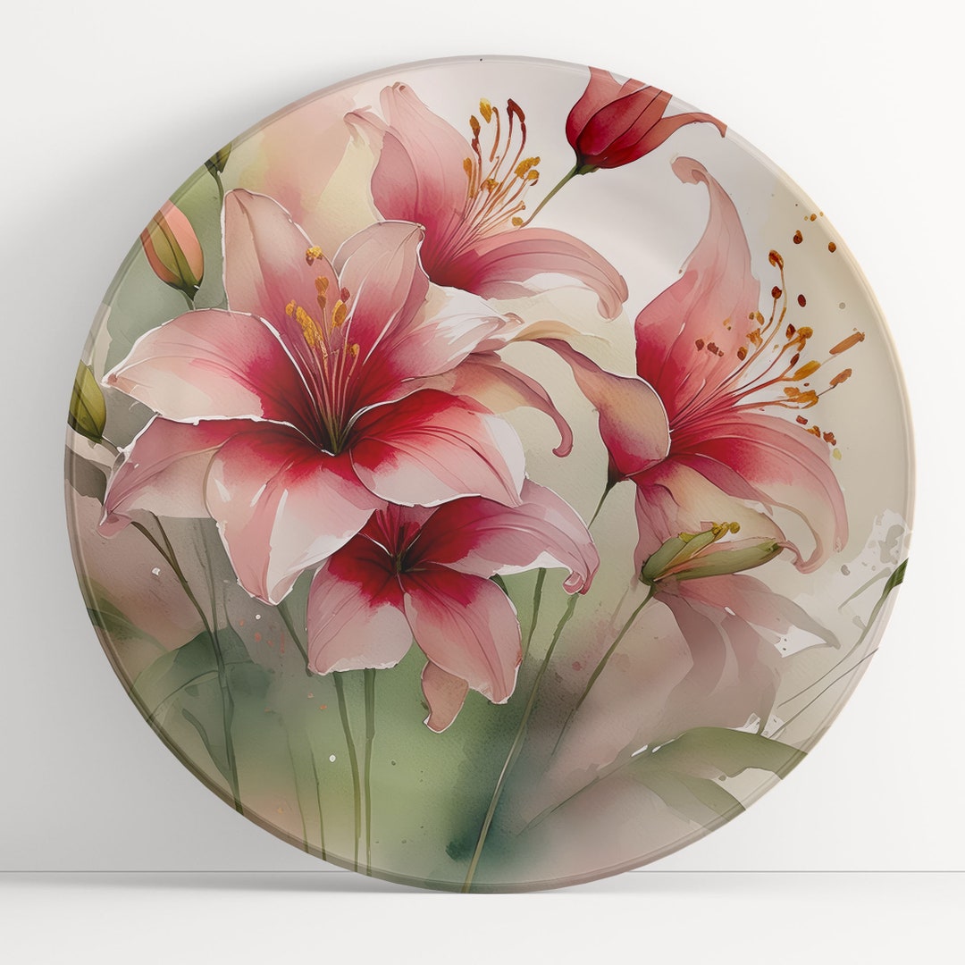 Plate With Crimson Lily Watercolor Art: Floral Unbreakable Indoor ...