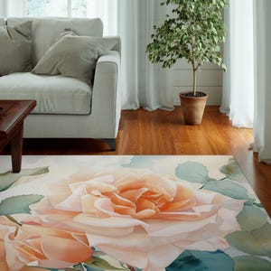 Area Rug With Peach Roses Watercolor Art: Modern Floral Indoor-outdoor ...