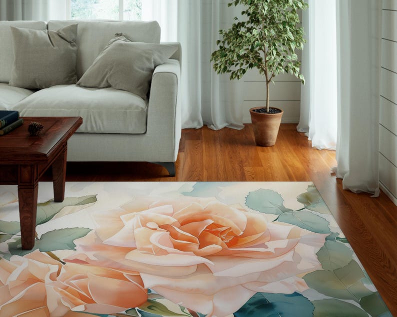 Area Rug With Peach Roses Watercolor Art: Modern Floral Indoor-outdoor ...