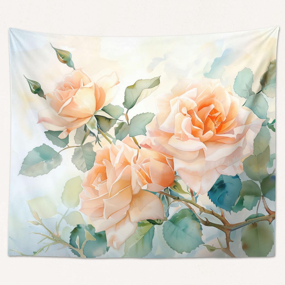 Peach Roses Watercolor Art Tapestry Large Wall Hanging, Floral Art ...