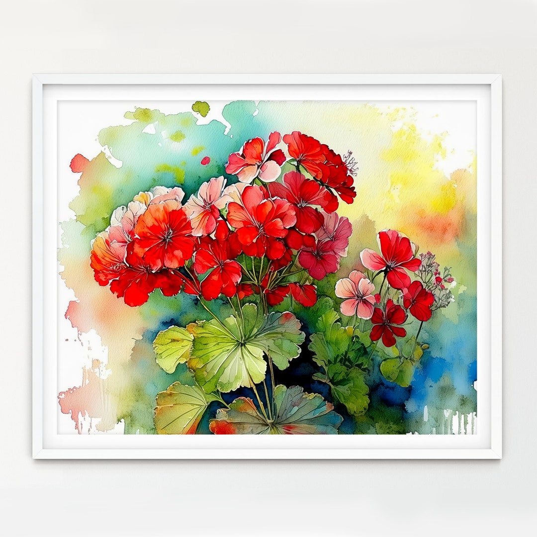 Geraniums Watercolor Painting Print, Large Floral Wall Art, Watercolor ...