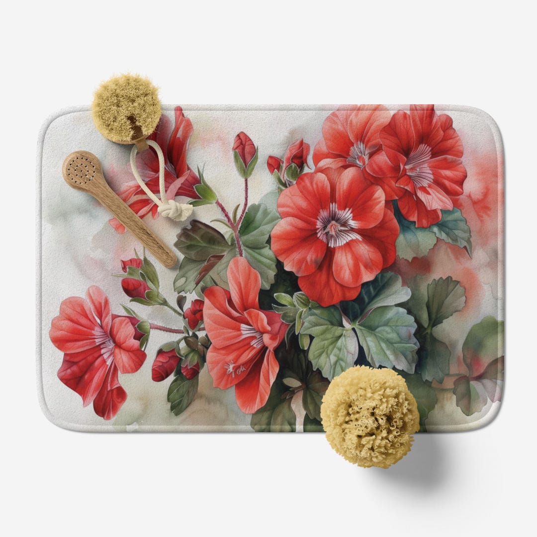 Bath Mat With Geraniums Watercolor Art: Floral Microfiber Memory Foam ...