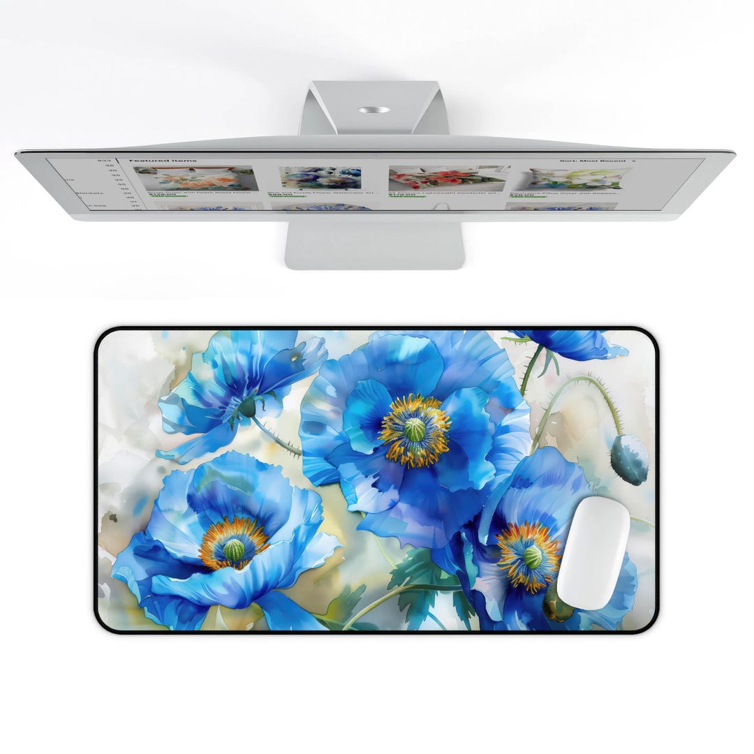 Blue Poppy Desk Mat With Floral Watercolor Art, Anti-slip Backing ...