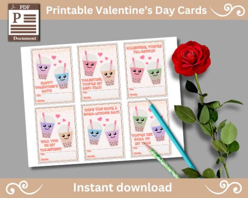 Boba Tea Valentine's Day Cards - PDF Printable Cards - Etsy