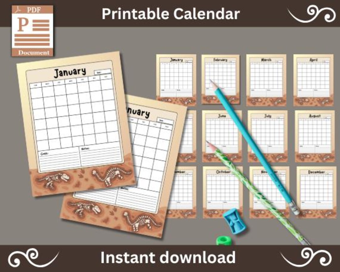 Dinosaur Bones Printable PDF Calendar - Etsy