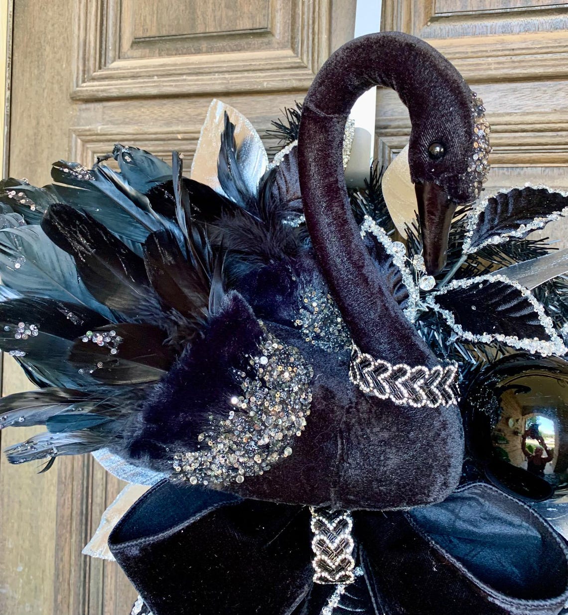 Elegant Black and Silver Christmas Swag, Luxury Black Swan Christmas ...