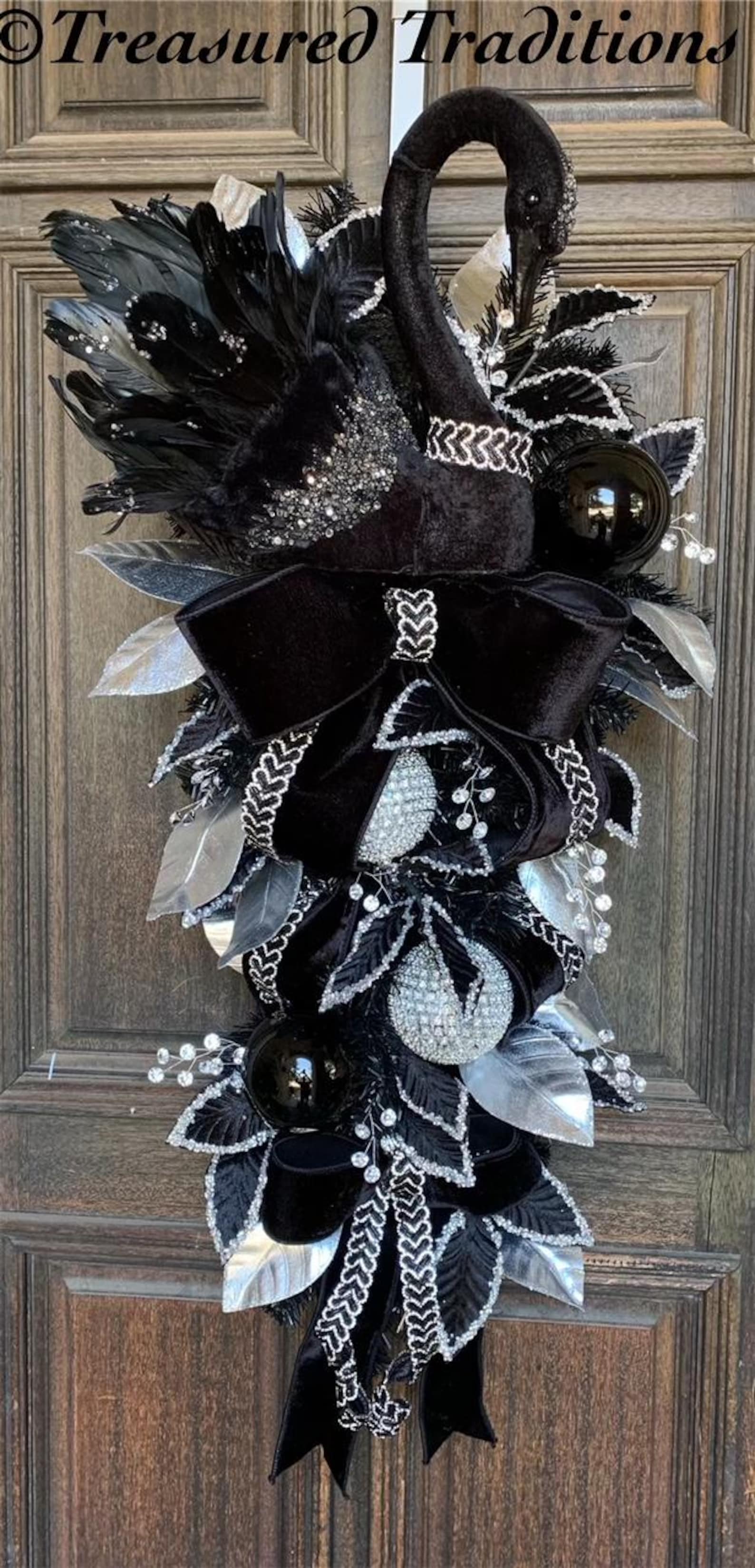 Elegant Black and Silver Christmas Swag, Luxury Black Swan Christmas ...