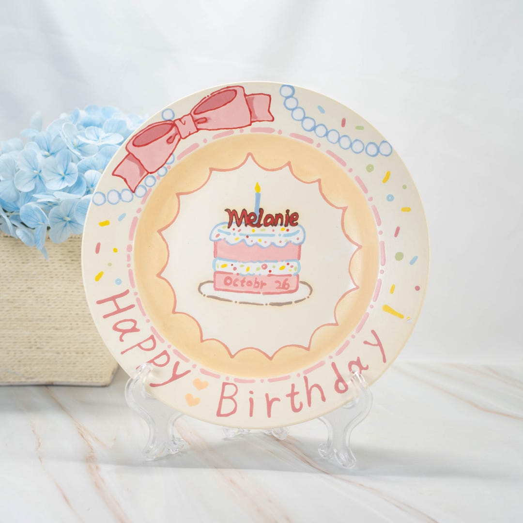 Ceramic Birthday Plate Custom Handmade Pink Bow Whimsical Girls ...