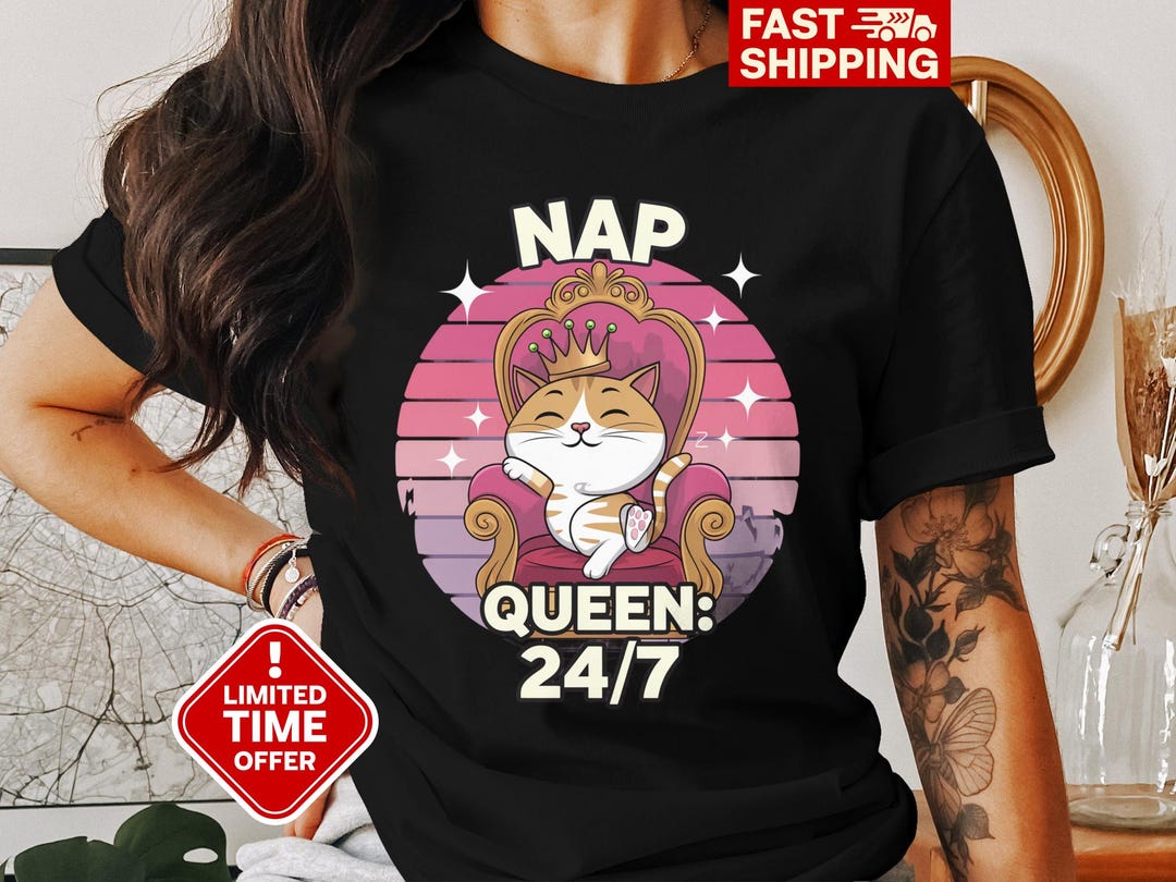 Nap Queen Cat Graphic T-shirt, Funny Cat Cartoon Shirt, Cat Lover Gift ...