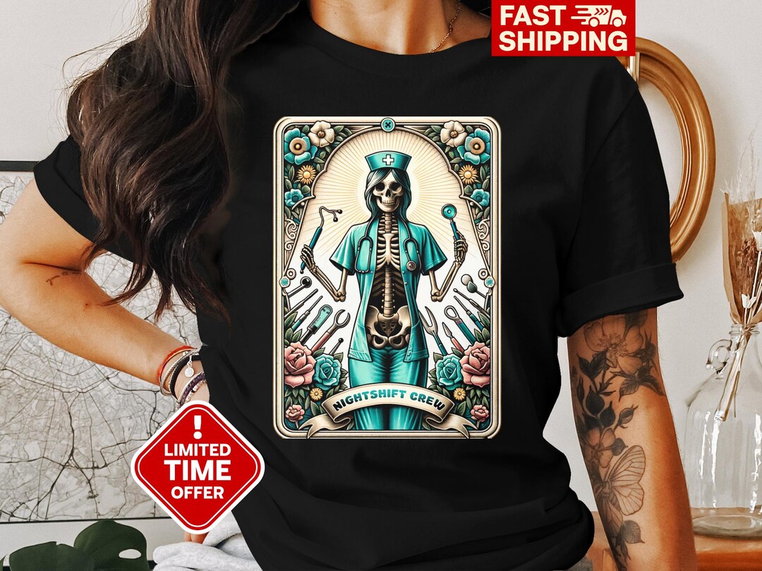 Skull Nurse Night Shift Crew T-shirt, Gothic Medical Worker Tee ...