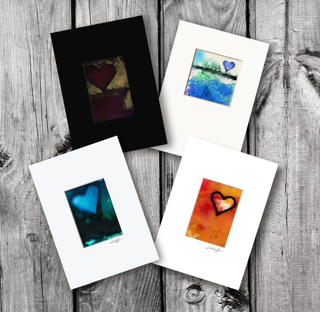Abstract Heart Paintings, Mixed Media Art, Matted 5x7 - Heart Group 2 ...
