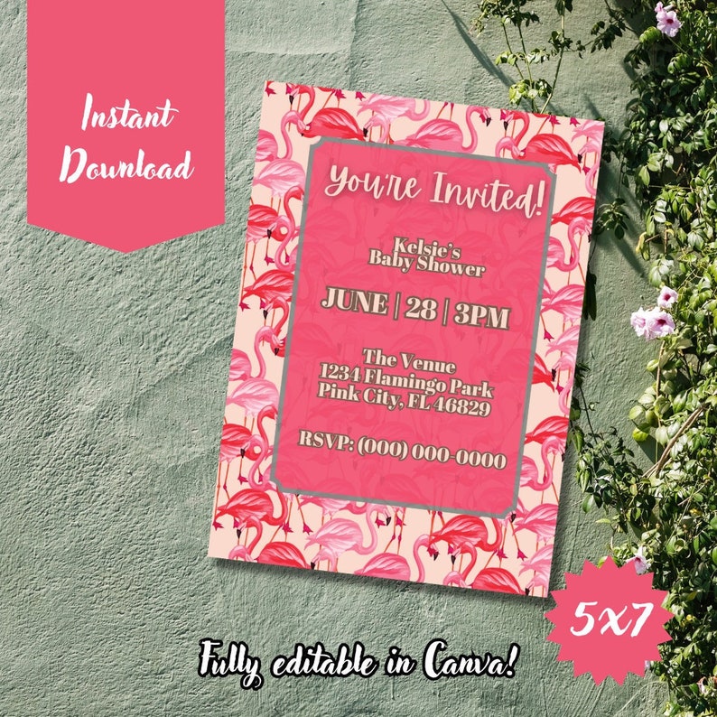 Flamingo Invitation EDITABLE CANVA TEMPLATE - Etsy