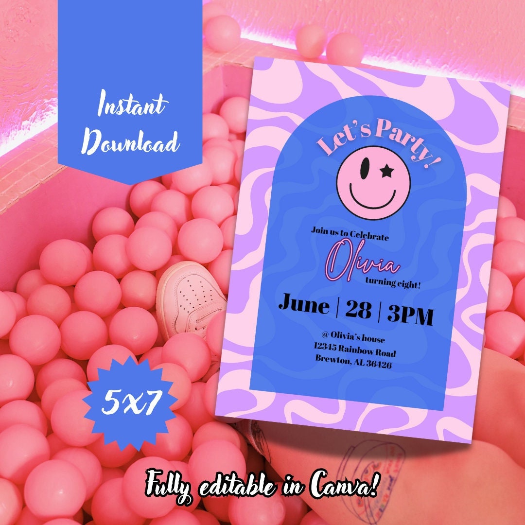 Smiley Birthday Invitation Thank You Card EDITABLE CANVA TEMPLATE - Etsy