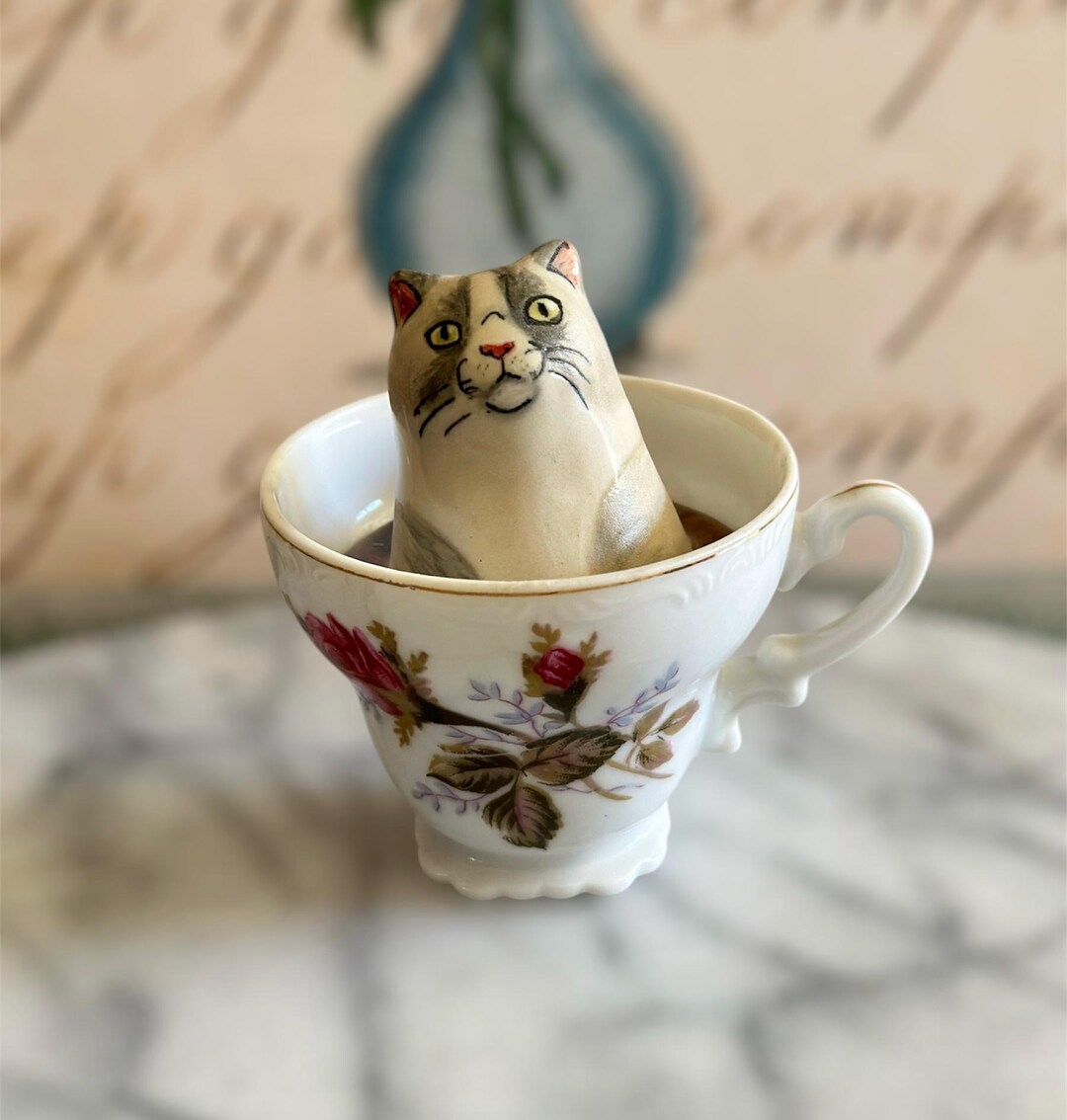 Tea Catty Cat Taking a Dip in Tea Handmade Ceramic Cat Figurine in a ...