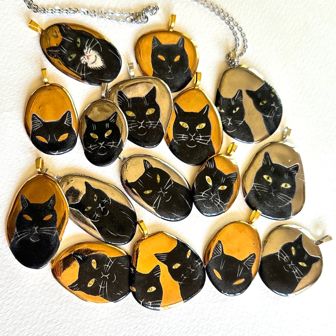 Black Cat Pendant W/choice of 22k Gold or Palladium silver Background W ...