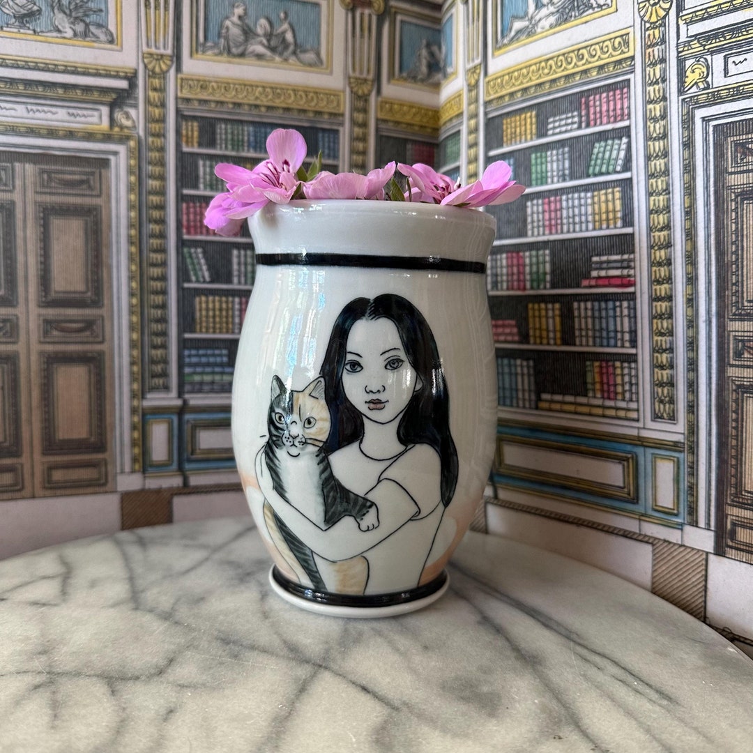 Girl & Calico Cat Porcelain Vase - Hand Thrown Vase W/ Hand Drawn Black ...