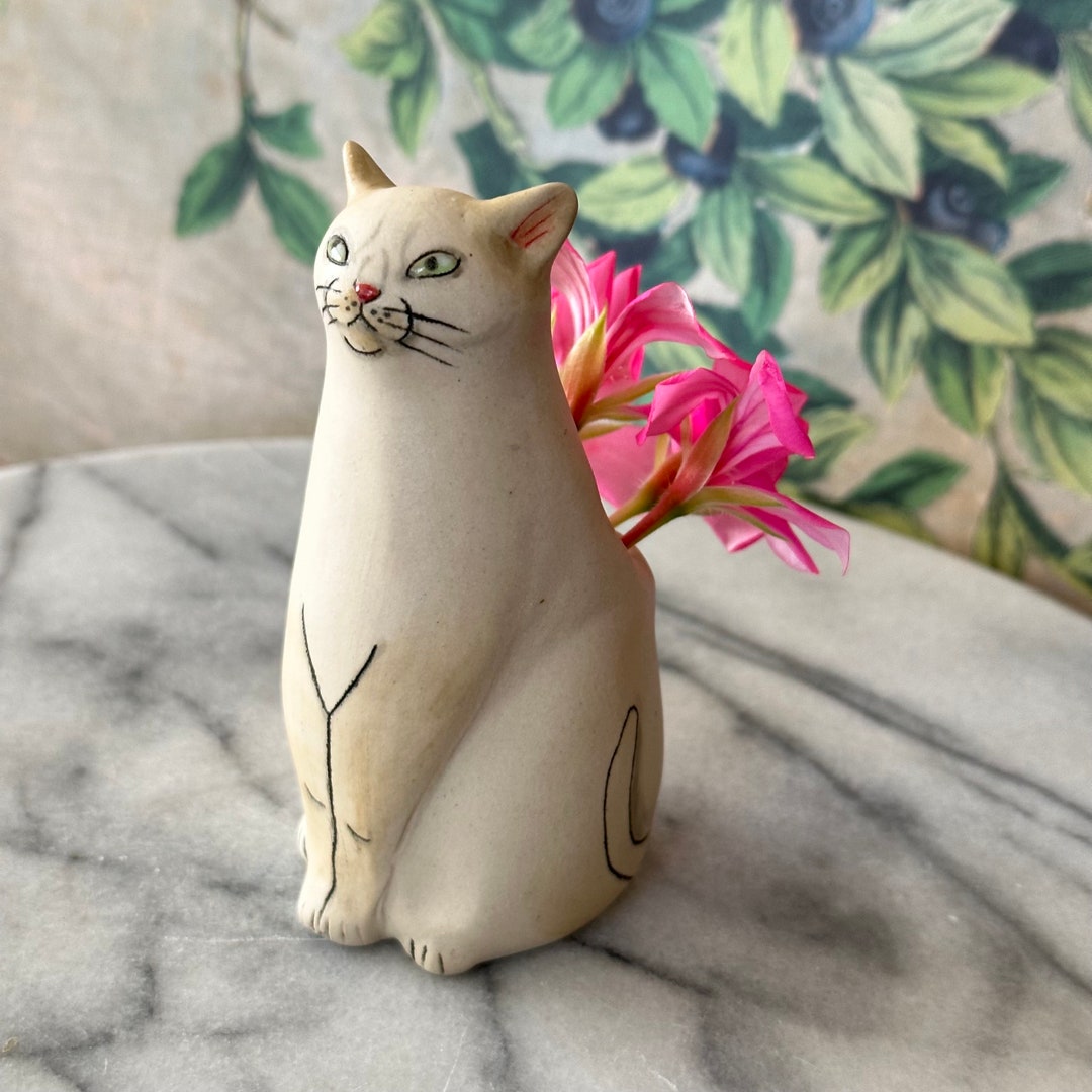 Sitting Peachy White Cat Vase Ceramic Cat Figurine / Vase Handmade From ...