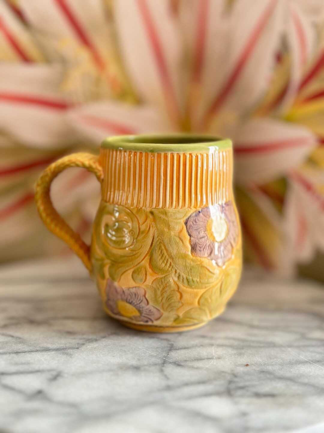 Hand Built Ceramic Mug With Bright Floral Designs and a Knit Patterned ...