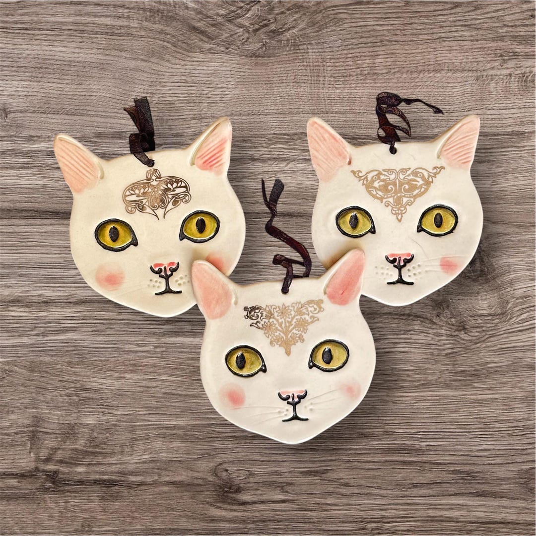 Cat Ornament - Handmade White Cat Ceramic Ornament With Palladium ...