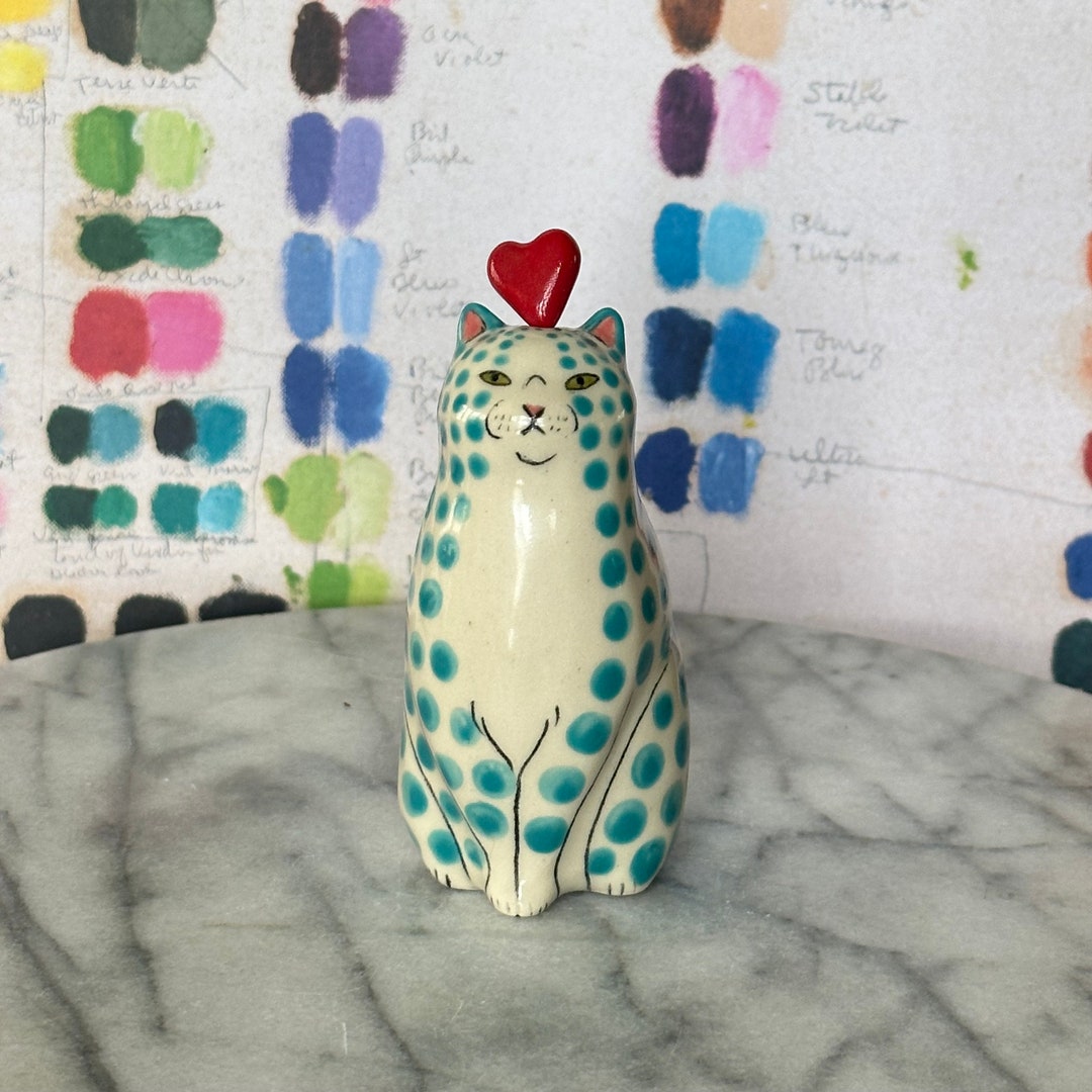 Turquoise Blue Cat Vase Graduated Polka Dots Small Hole for Single Stem ...