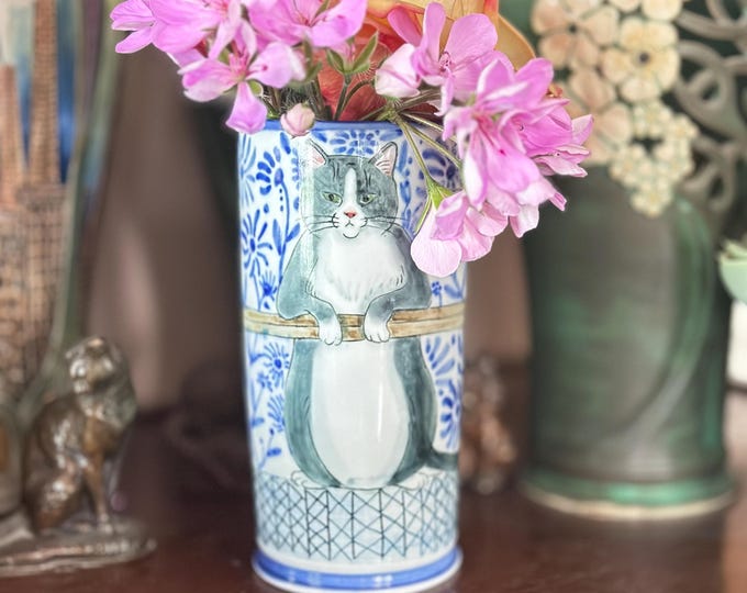Porcelain Hand Thrown Vase Hand Painted Blue Flowers and a Gray and ...