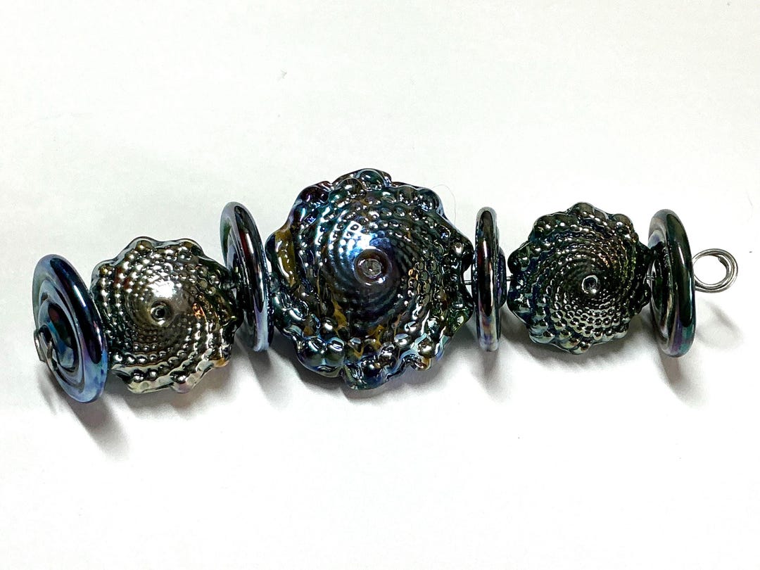 Handmade Lampwork Glass Beads, Reactive Silver Rainbow Cyclone Disk Set ...