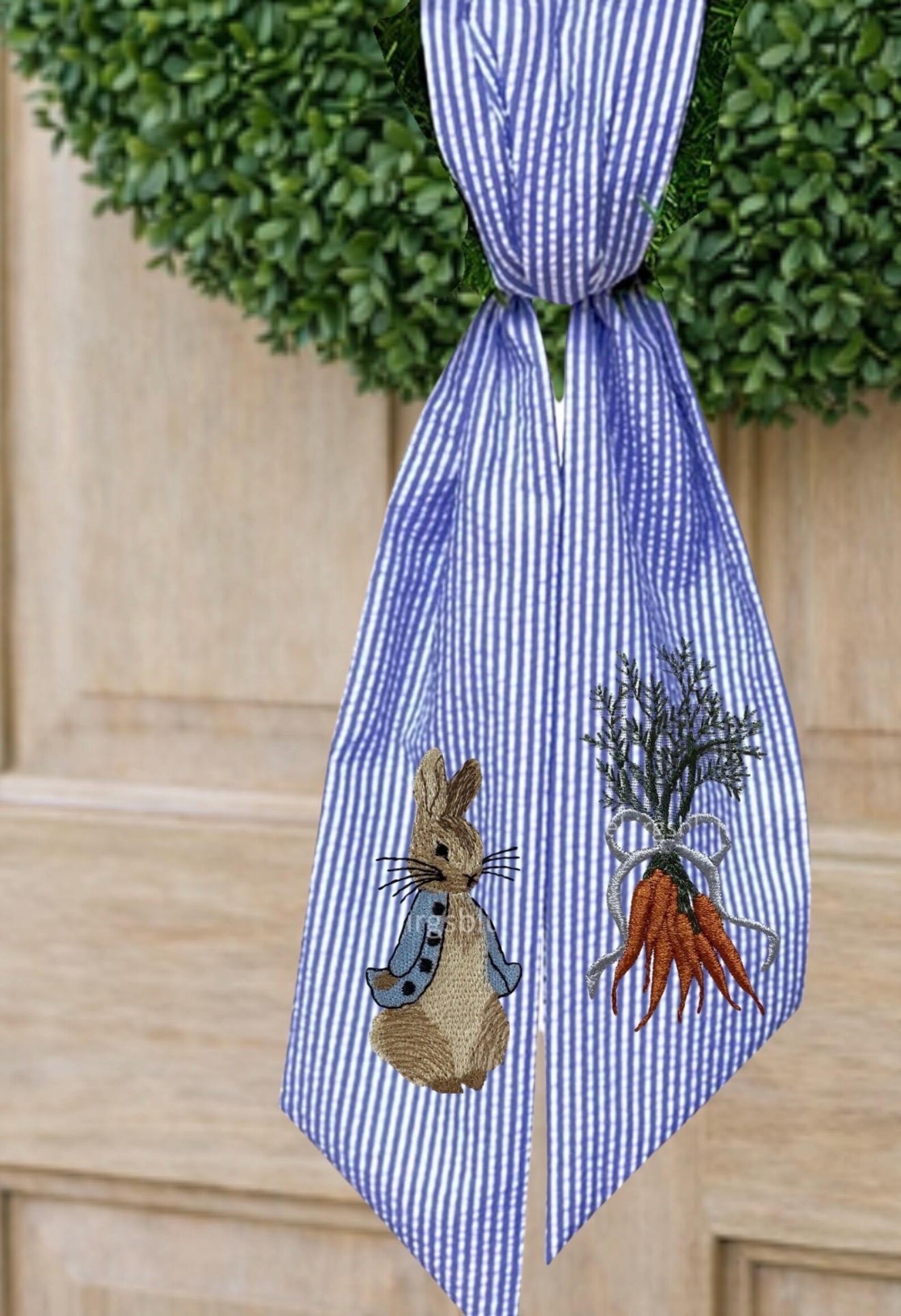 Embroidered Peter Rabbit Wreath Sash | Blue Seersucker Easter Decor - Etsy