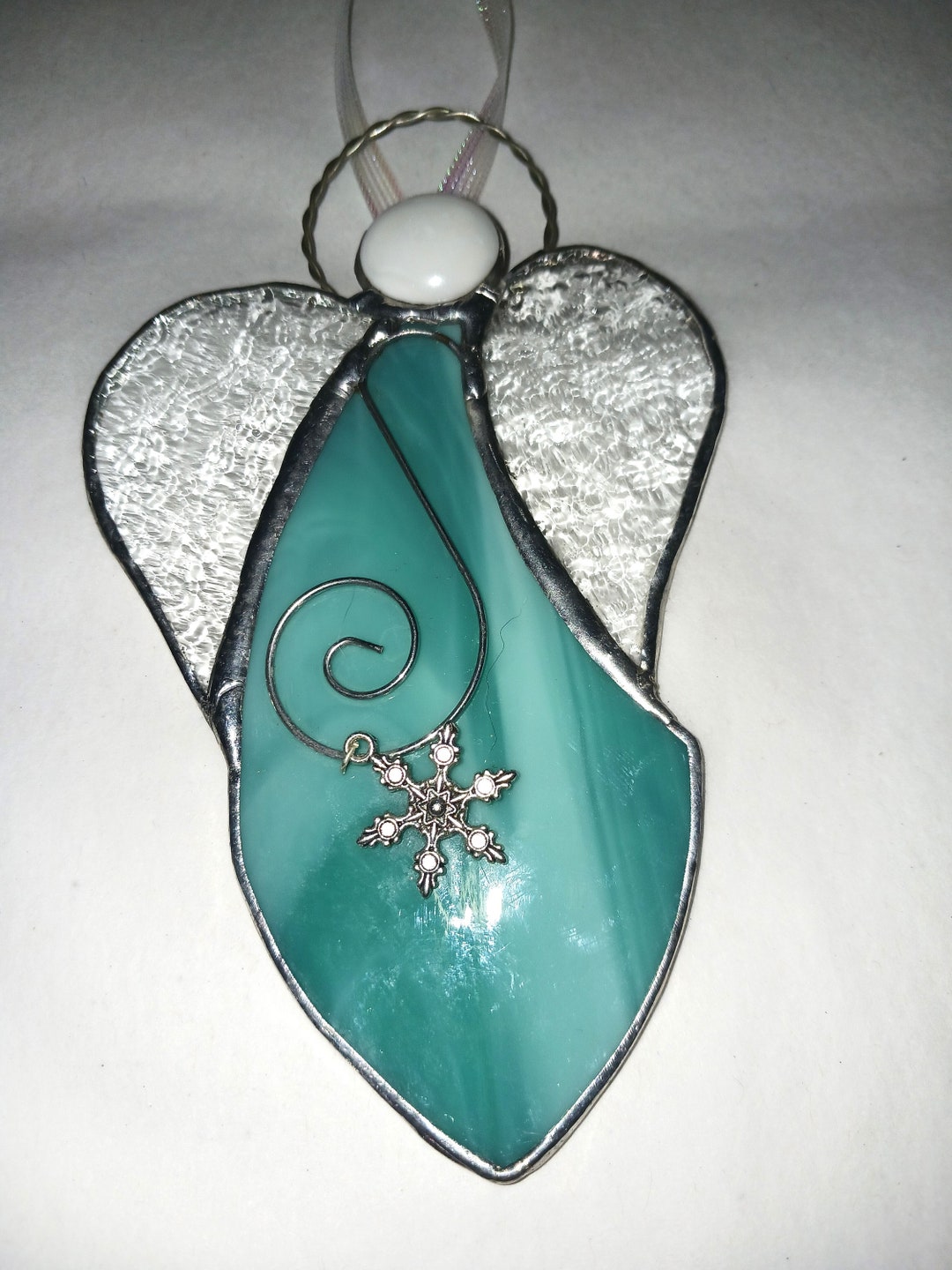 Teal and White Stained Glass Angel Ornament With Decorative Wirework ...