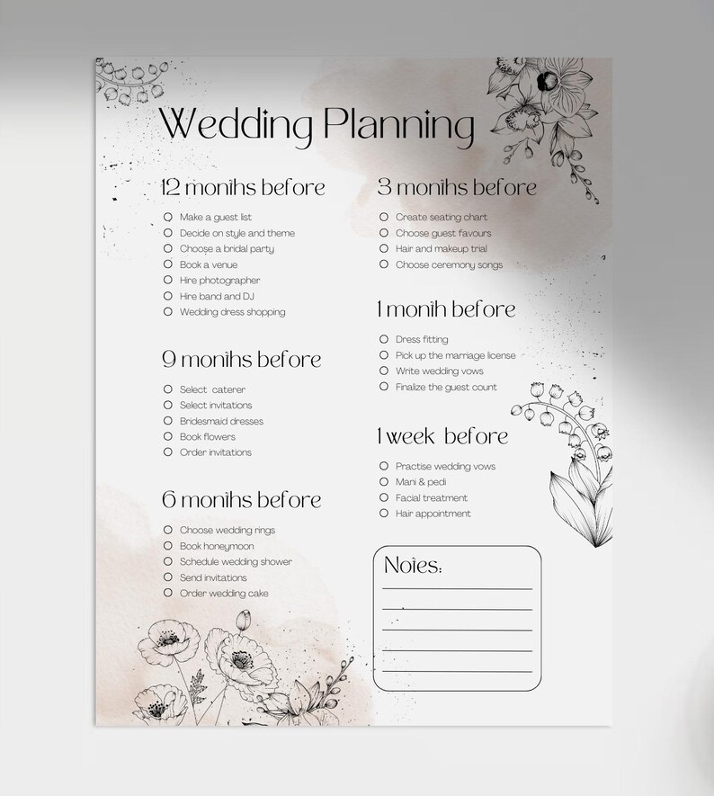 White Watercolor Floral Wedding Checklist - Instant PDF Download - Etsy