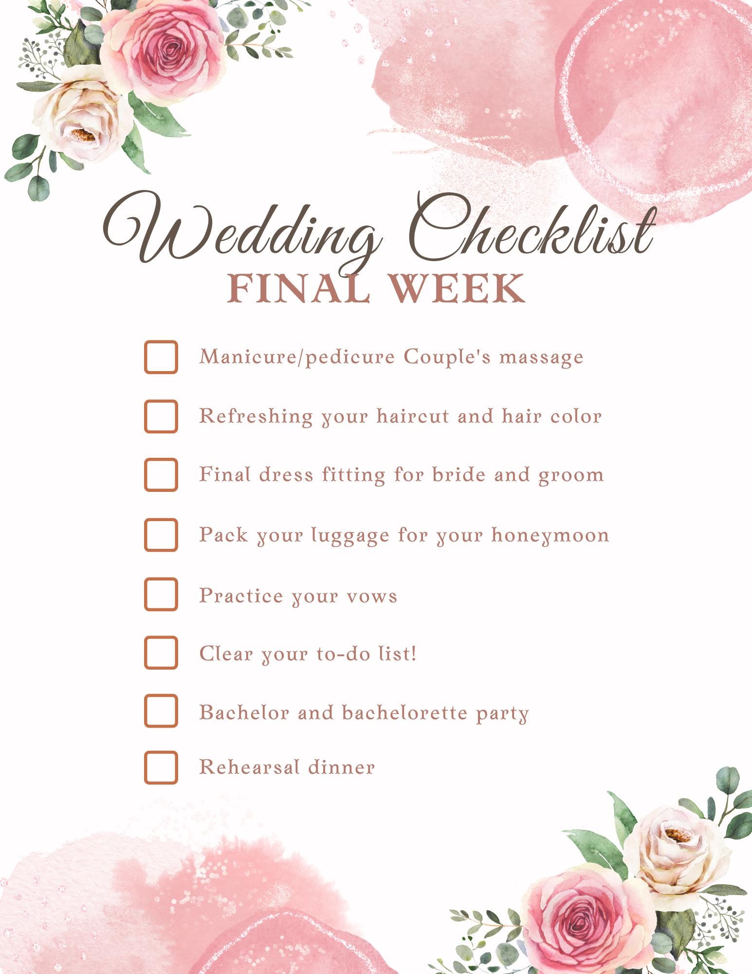 Pink Floral Wedding Planning Checklist - 1 Month Out, Final Week, Night ...