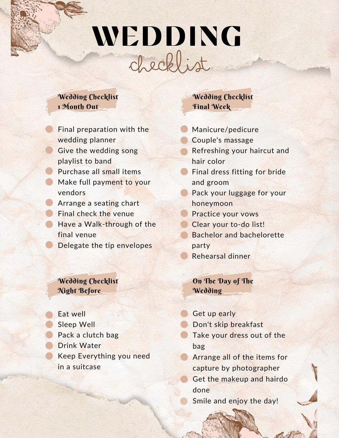 Wedding Checklist - 1 Month Out, Final Week, Night Before, Day of ...